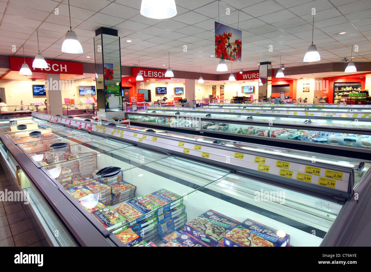 Self -service Supermarket, shelf, rack with different products, foods ...