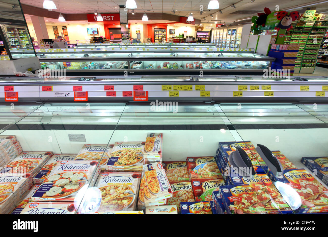 Self -service Supermarket, shelf, rack with different products, foods ...