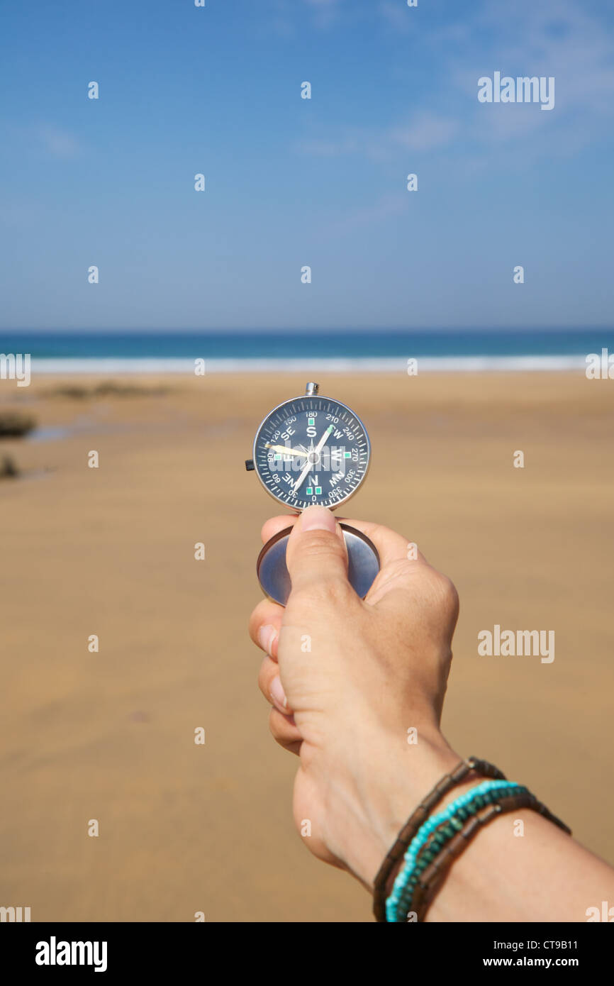 woman hand with a black and silver compass in a beach Stock Photo - Alamy