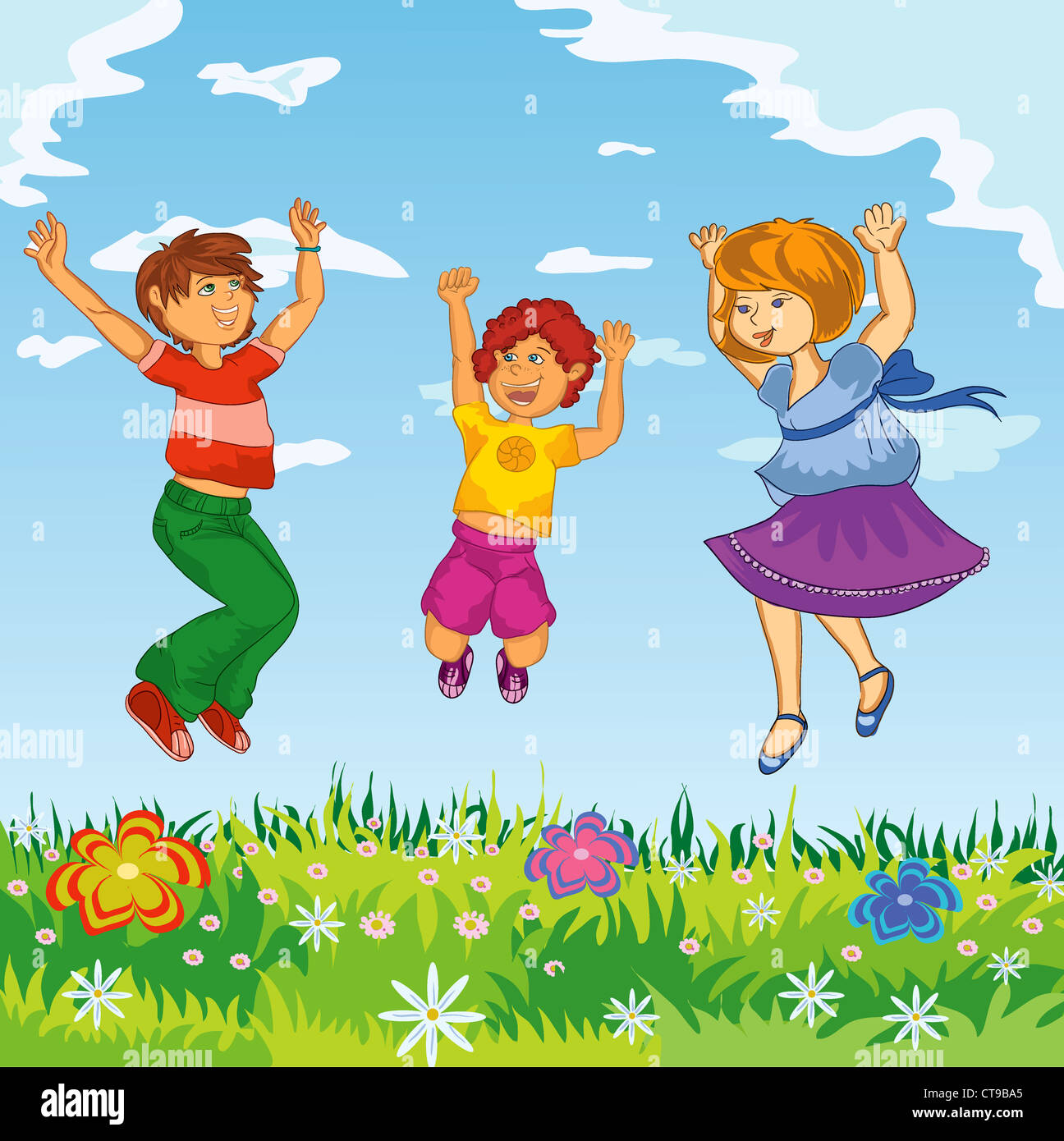 Happy kids jumping vector illustration Stock Photo - Alamy
