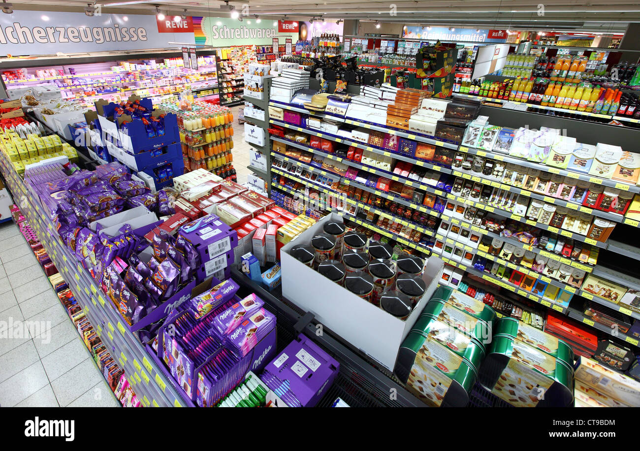 Self -service Supermarket, shelf, rack with different products, foods ...