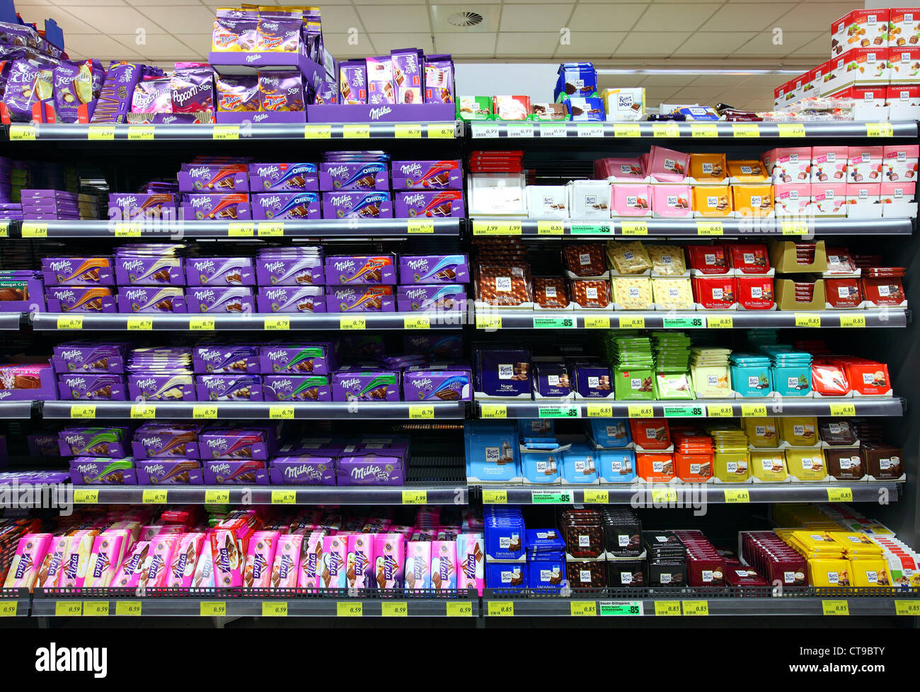 Self -service Supermarket, shelf, rack with different products, foods ...