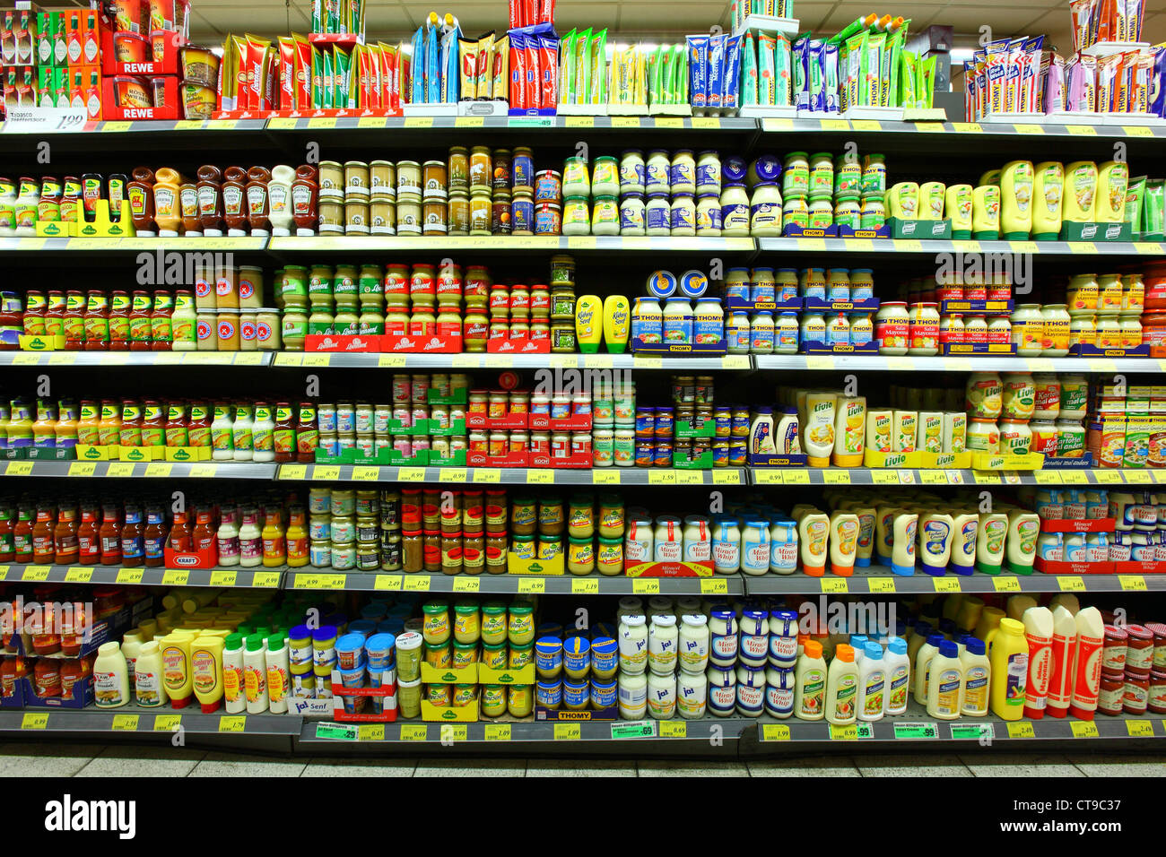Self -service Supermarket, shelf, rack with different products, foods ... Self -service Supermarket, shelf, rack with different products, foods ...