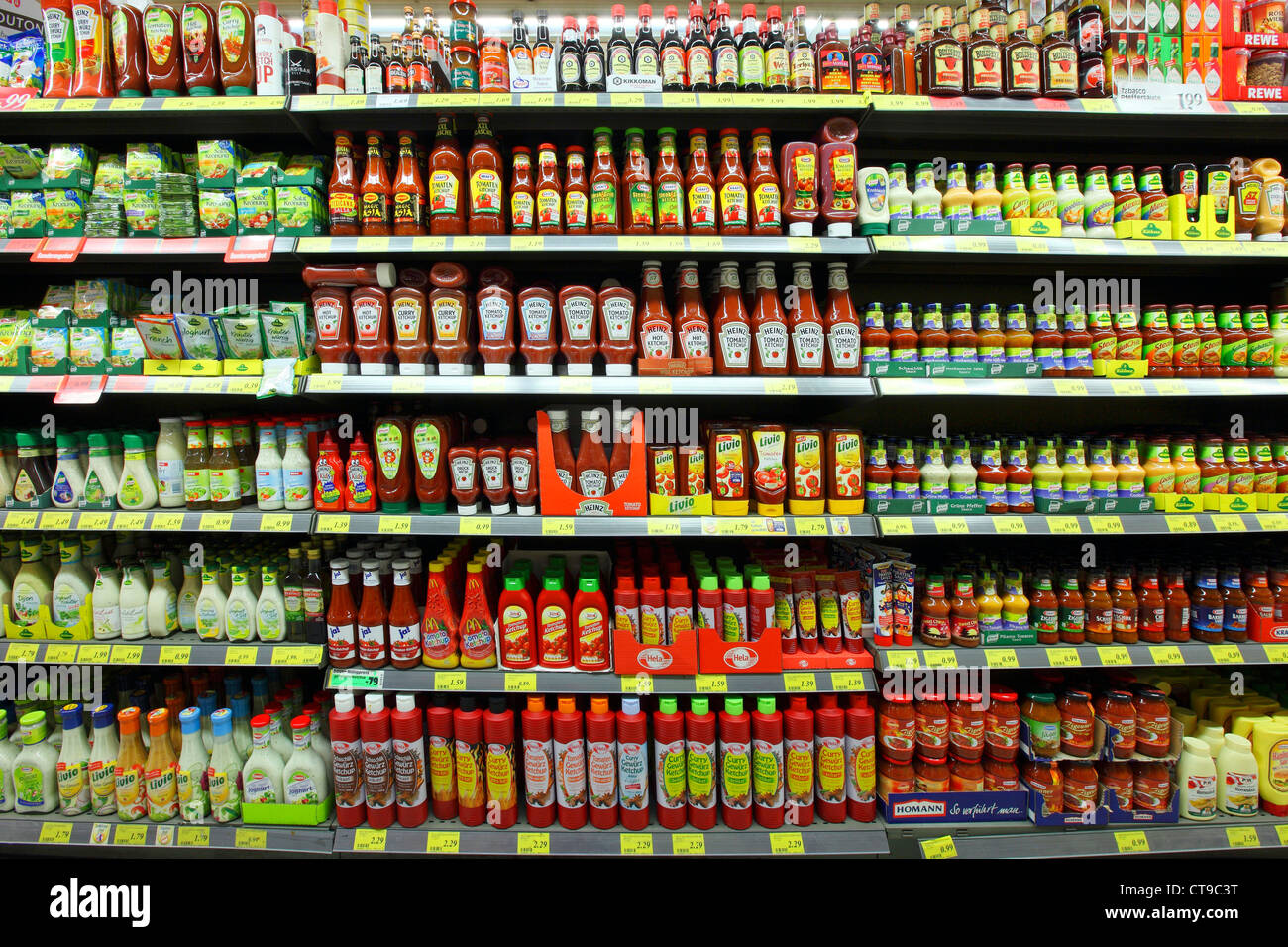 Self -service Supermarket, shelf, rack with different products, foods ...