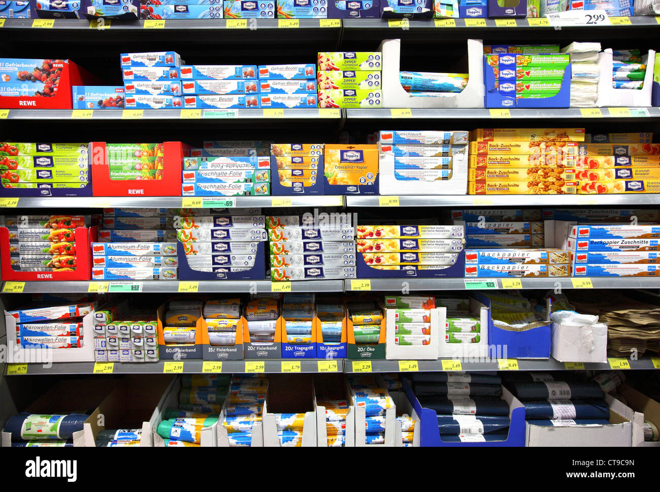 Self -service Supermarket, shelf, rack with different products, foods ...