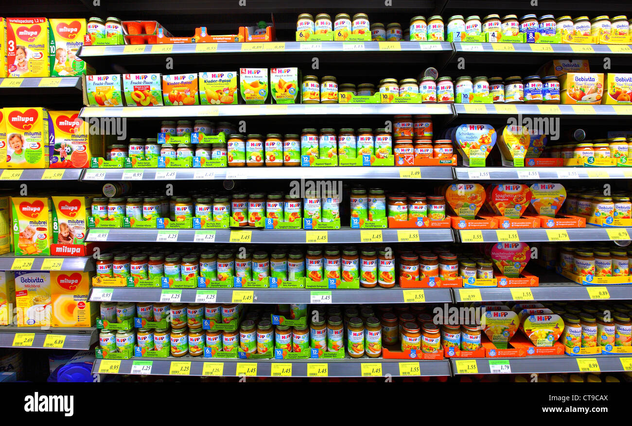 Self -service Supermarket, shelf, rack with different products, foods ...