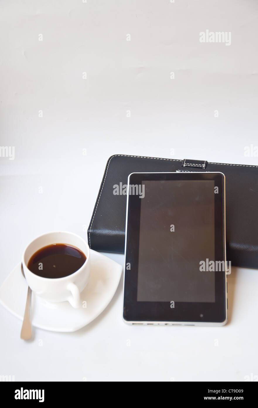 black coffee and tablet PC on white background Stock Photo - Alamy