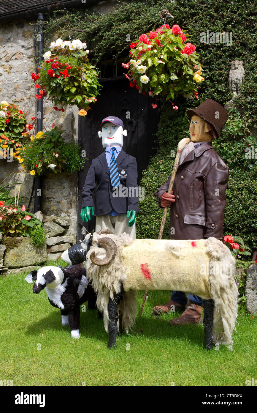 Stuffed scarecrow festival figures and animals, sheep & dog, on Garden ...