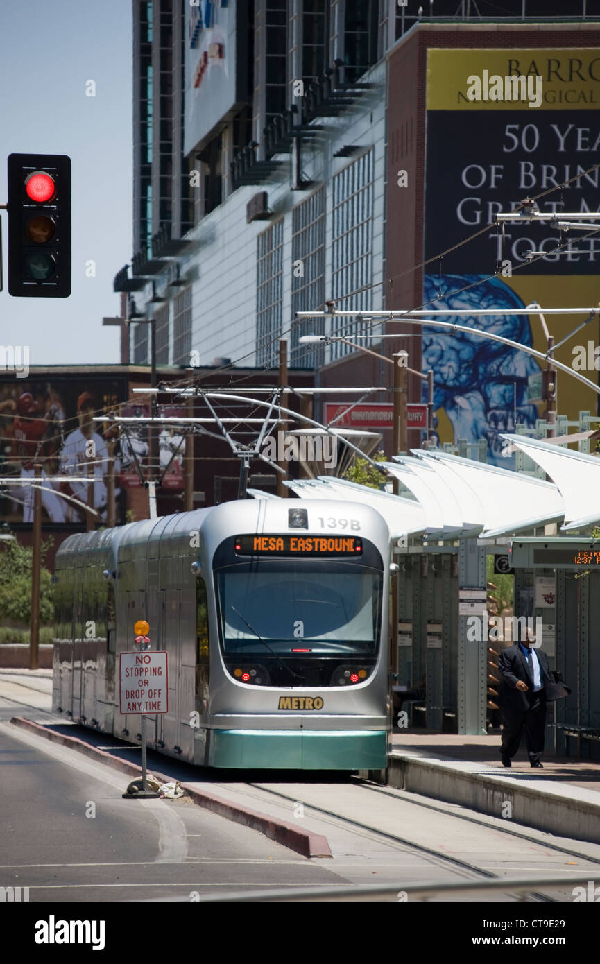 The Metro Light Rail stopped in front of the ballpark, downtown Phoenix ...