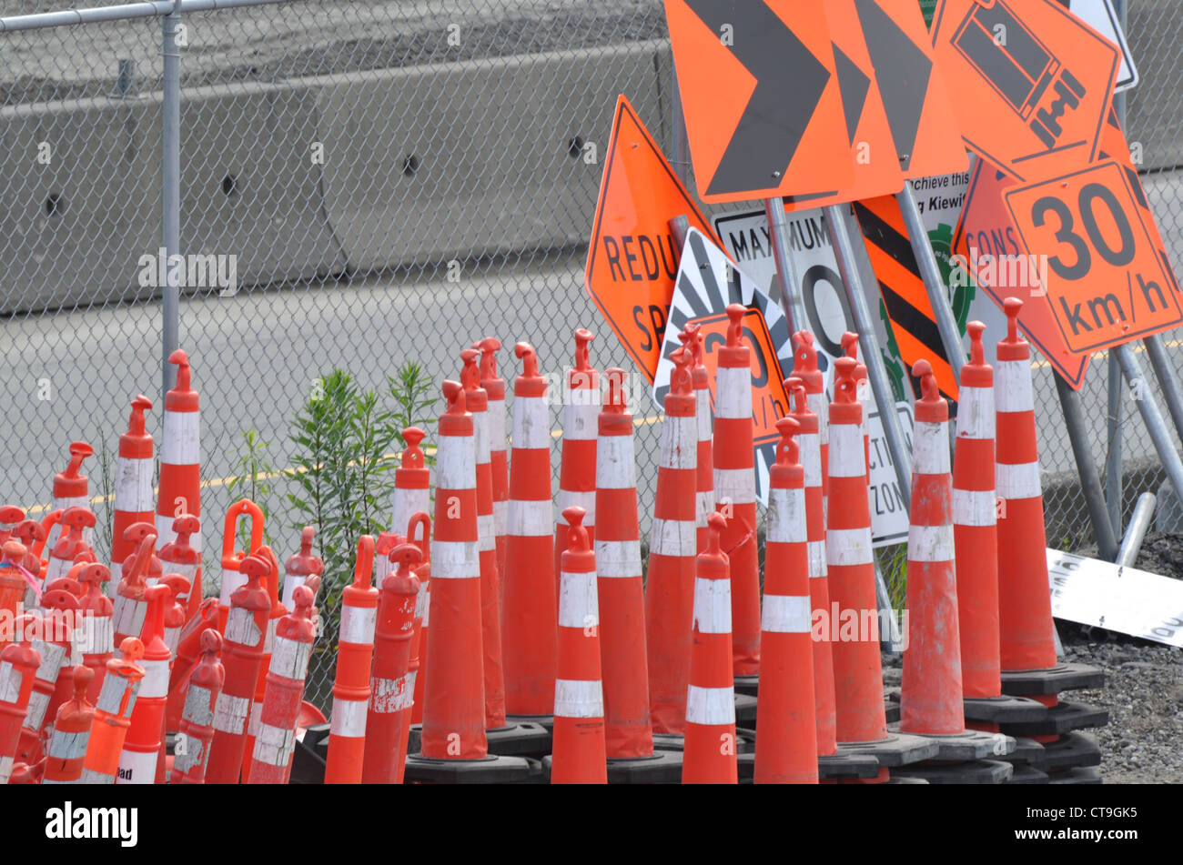 Traffic sign and cone Stock Photo - Alamy