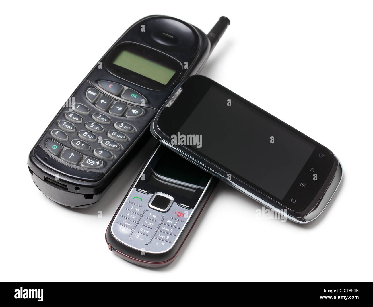 three generation cellphones on white background Stock Photo - Alamy