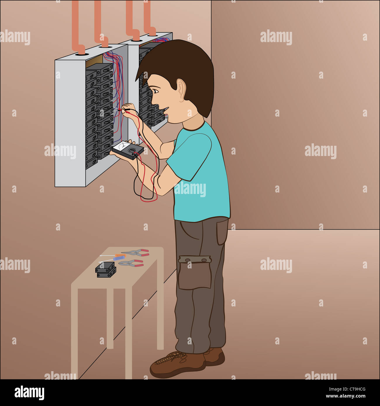 illustration of an electrician, technician troubleshooting in circuit ...