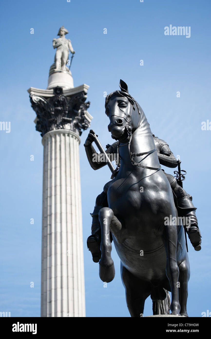 Nelson Column and Charles statue in Trafalgar Square Stock Photo - Alamy