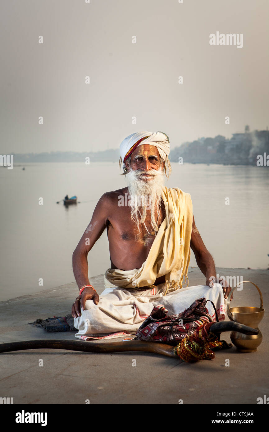 Hindu monk Sadhu(as holy man) sit on the Ghat in Varanasi, Uttar ...