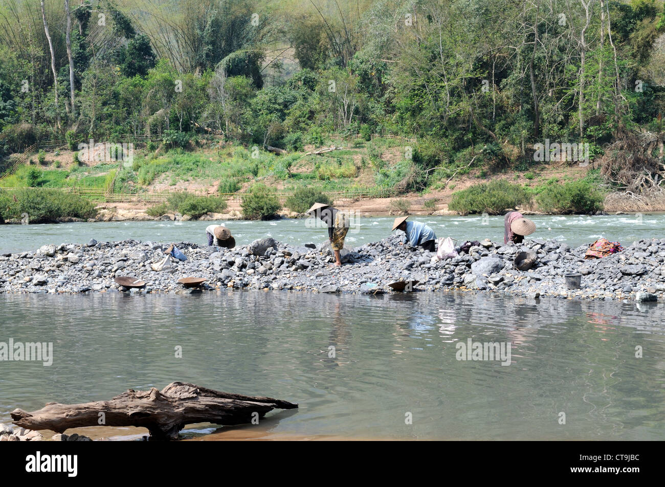 Lao people wearing traditional hats panning for gold in the Mekong ...