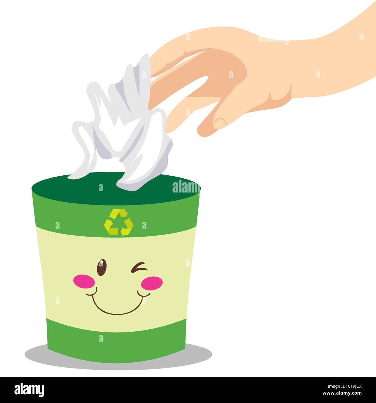 Man hand throwing a paper to a smiling green recycle trashcan Stock ...