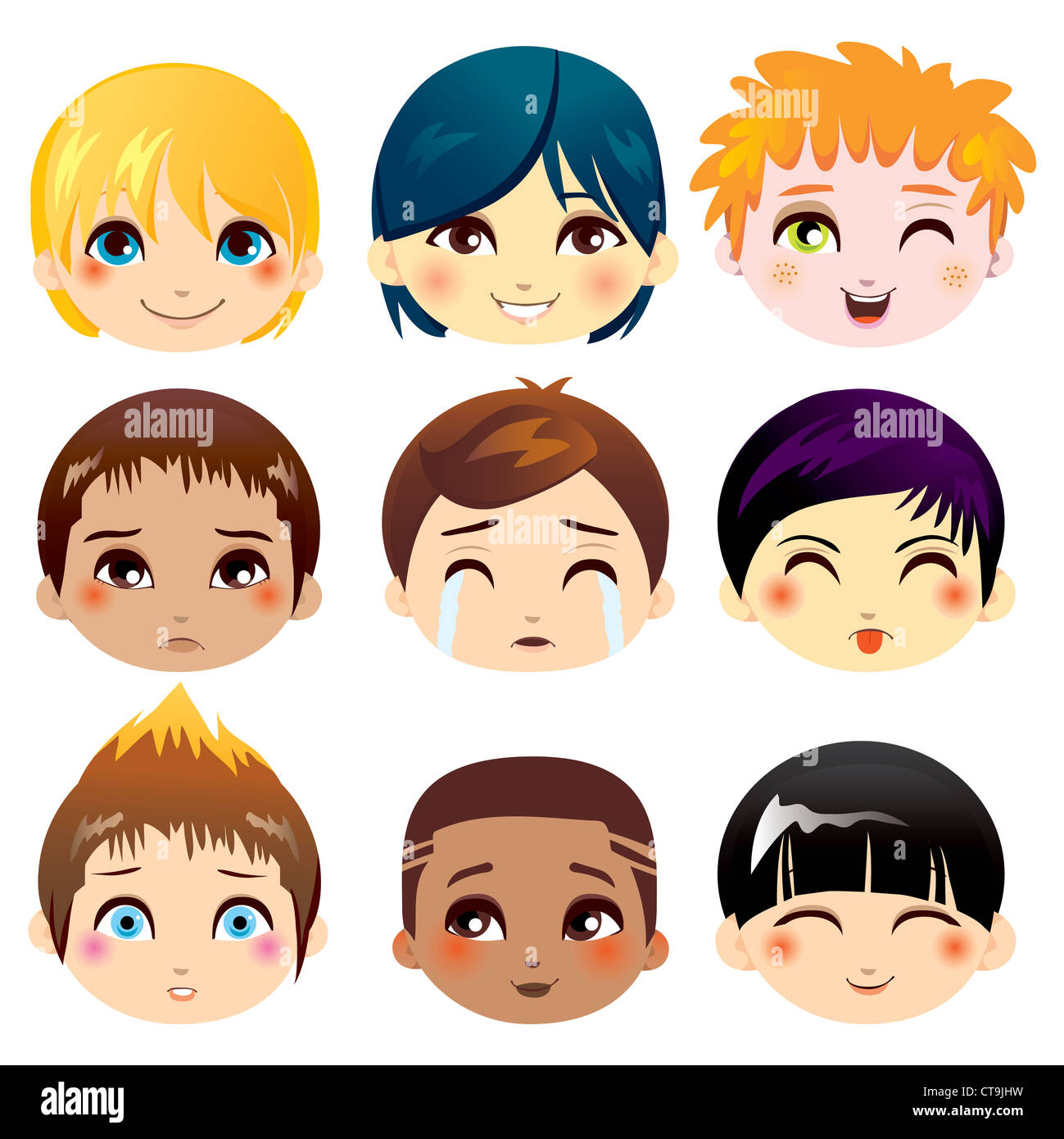 Set of nine facial expressions of little boys from various ethnic ...