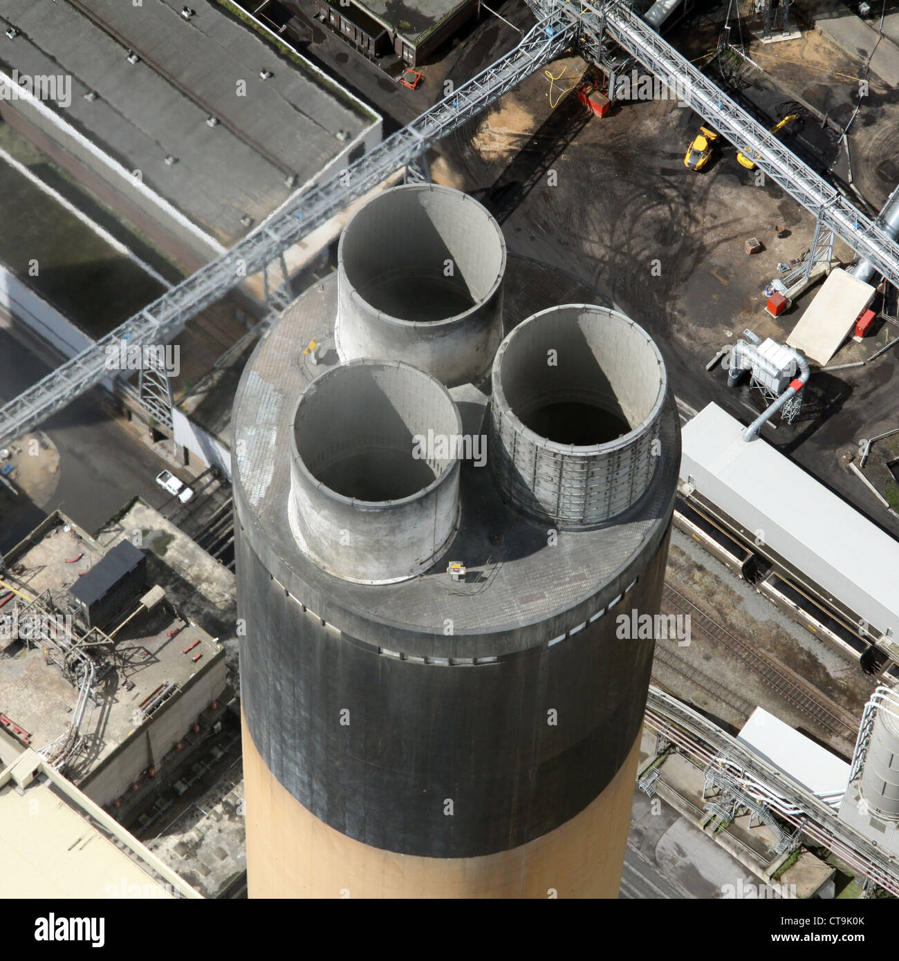 aerial view of the top of Drax Power Station tall chimney in Yorkshire ...