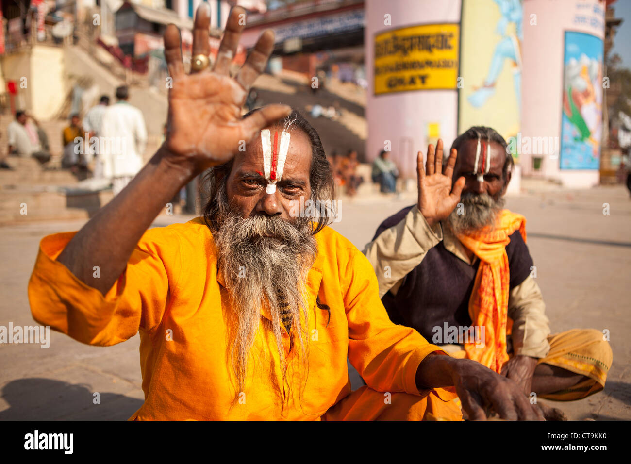 The holy man Sadhu hand up for greeting , Varanasi, Uttar Pradesh ...