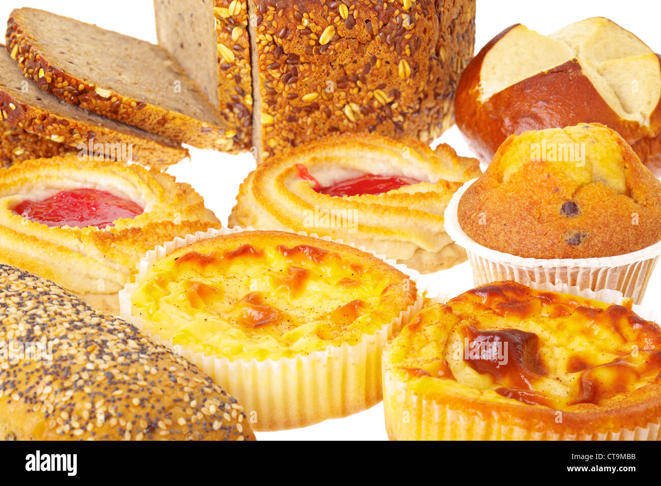 Various bakery products isolated on white background Stock Photo - Alamy