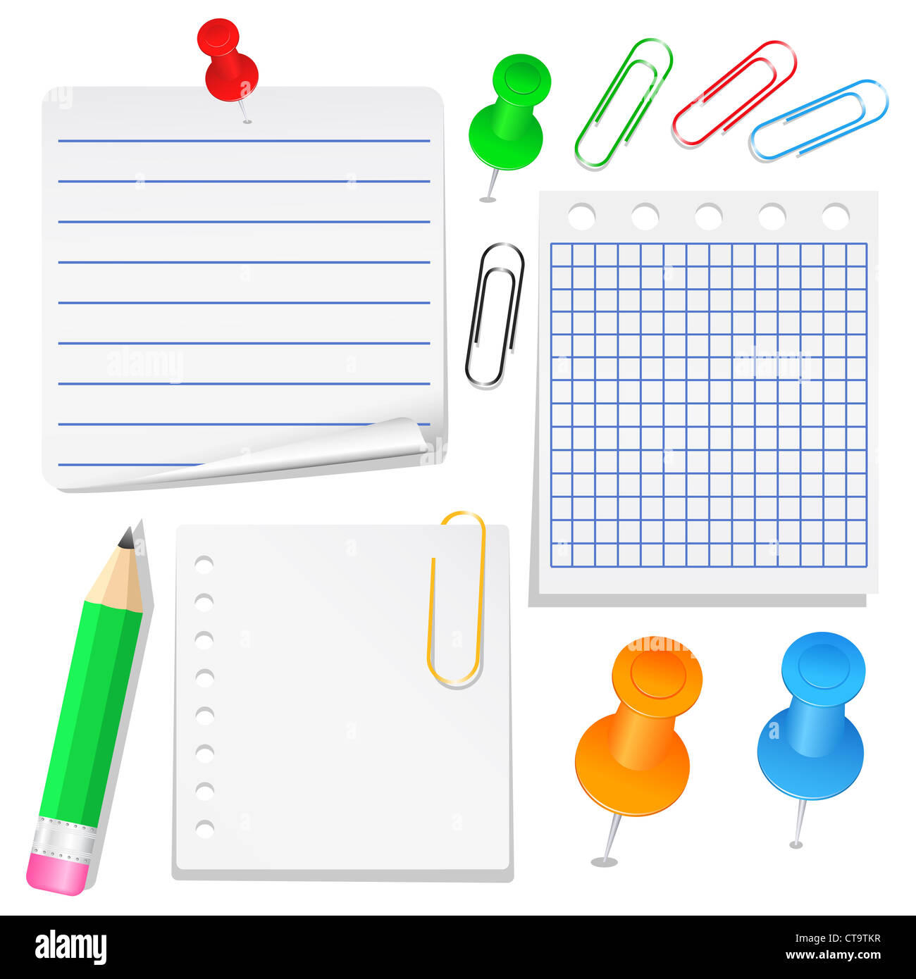 Set of different paper, push pins and clips Stock Photo - Alamy