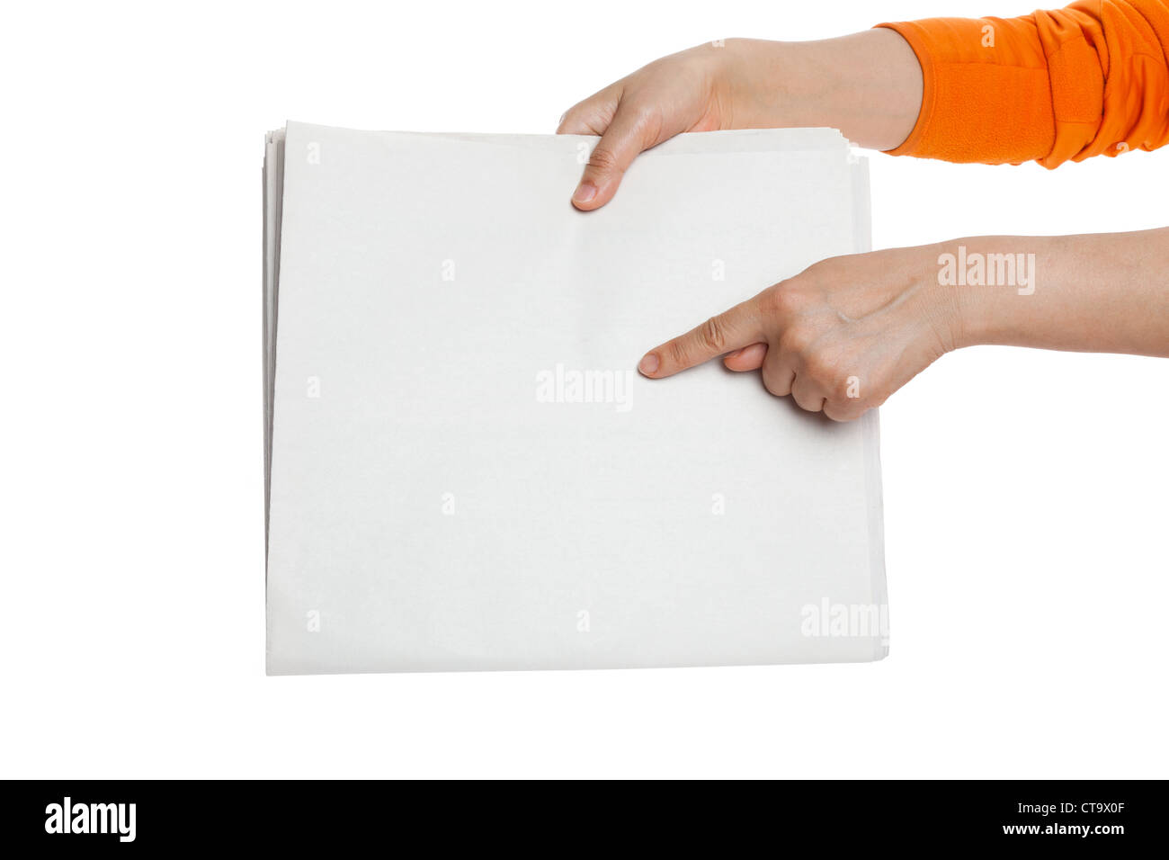 Finger pointing Blank Newspaper with white background Stock Photo - Alamy
