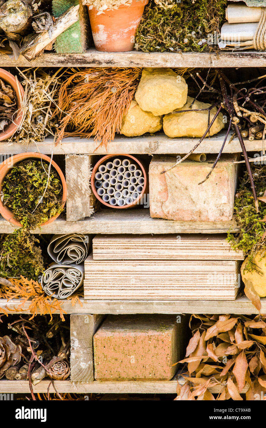 Eclectic mix of garden paraphernalia forming a solitary wasp insect bee ...