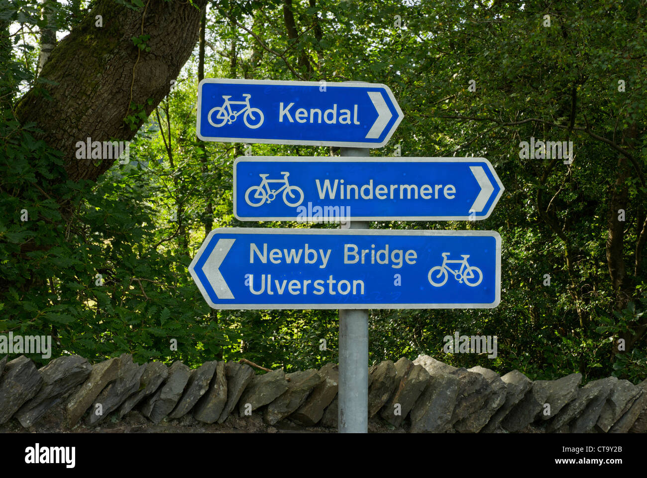 Signs for cycle route, at Newby Bridge, South Lakeland, Cumbria ...