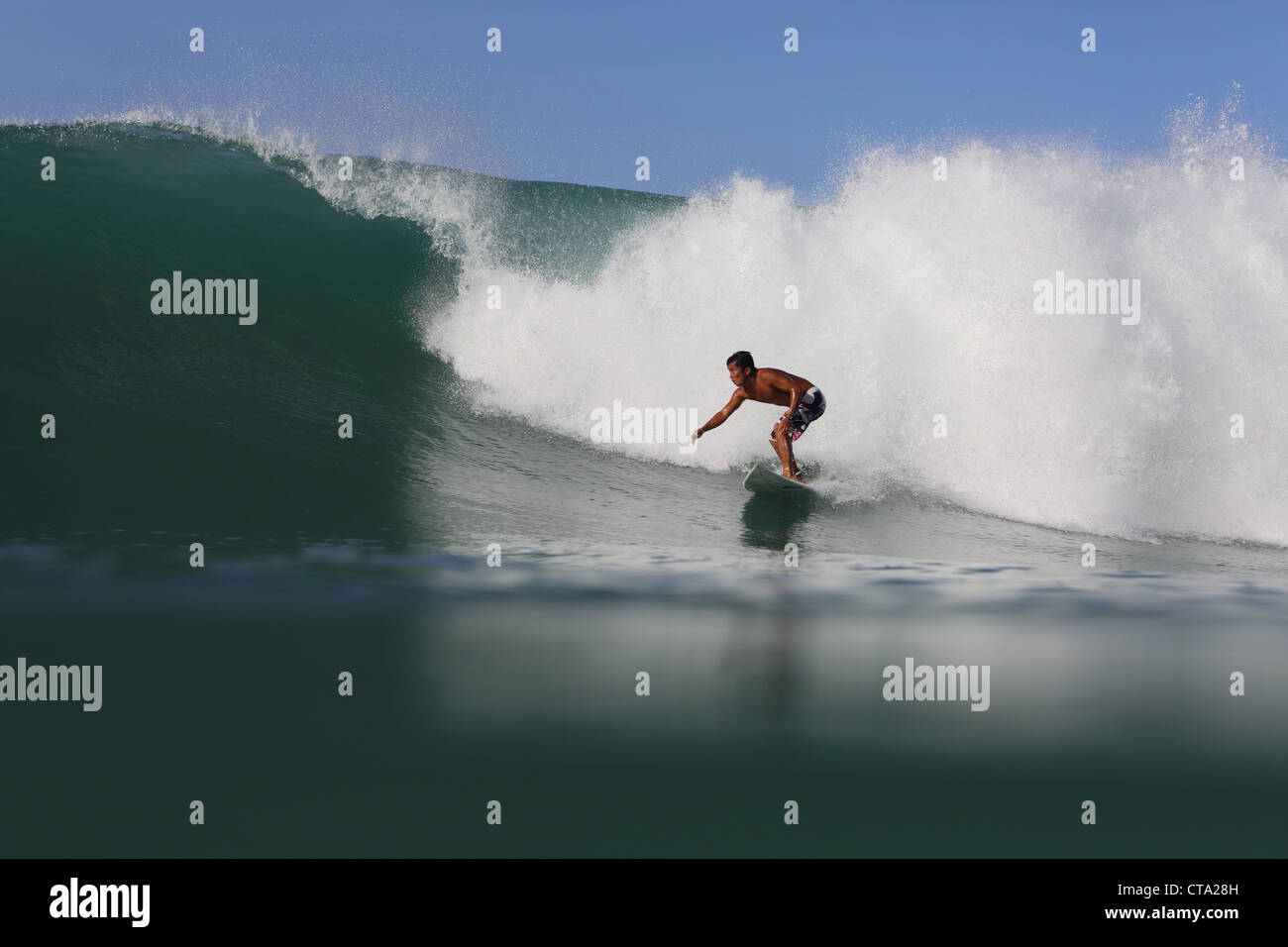 Local surfer riding a wave at the famous surfing break in Lagundri Bay ...