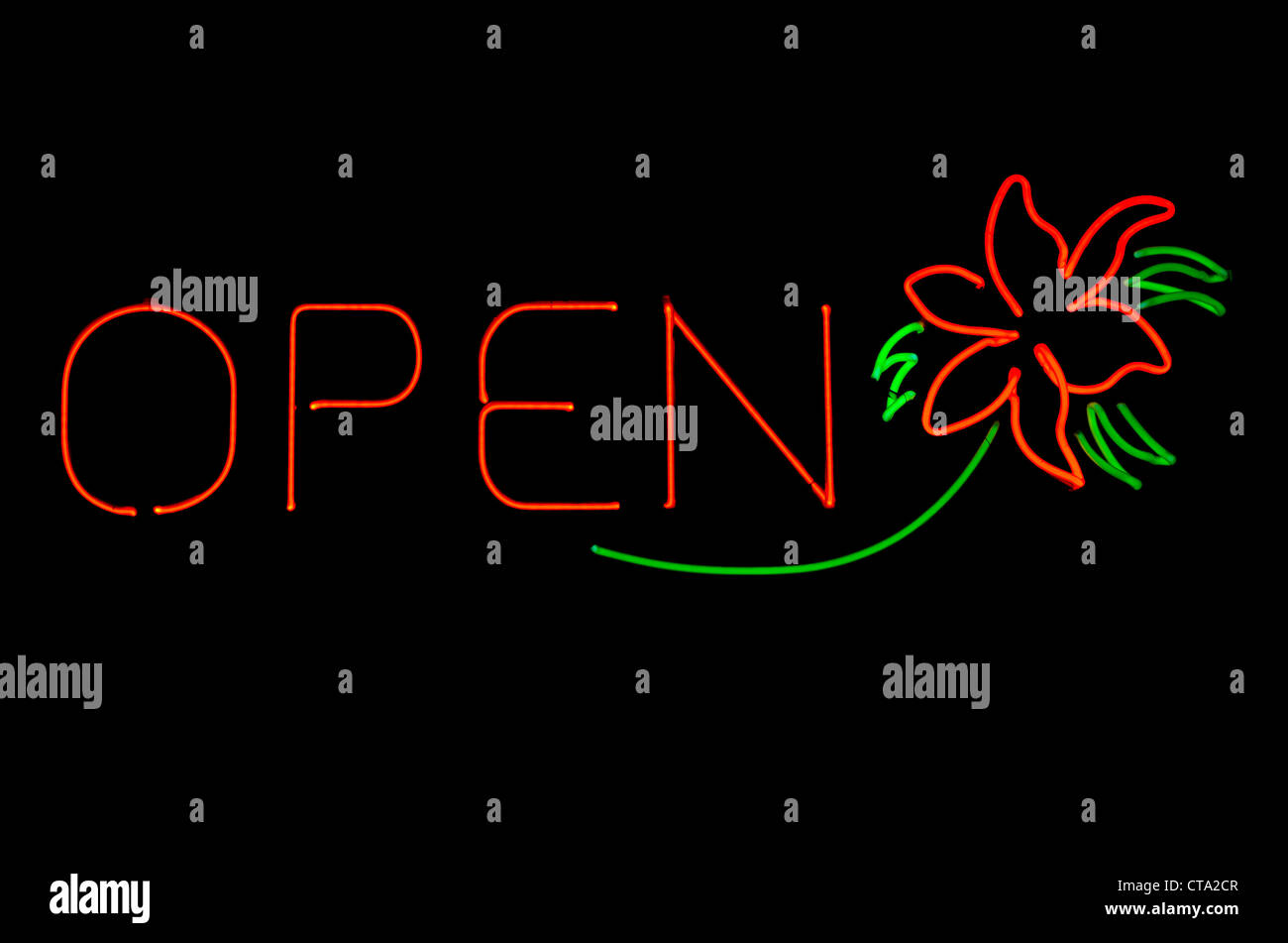 A bright neon open sign with flower Stock Photo - Alamy