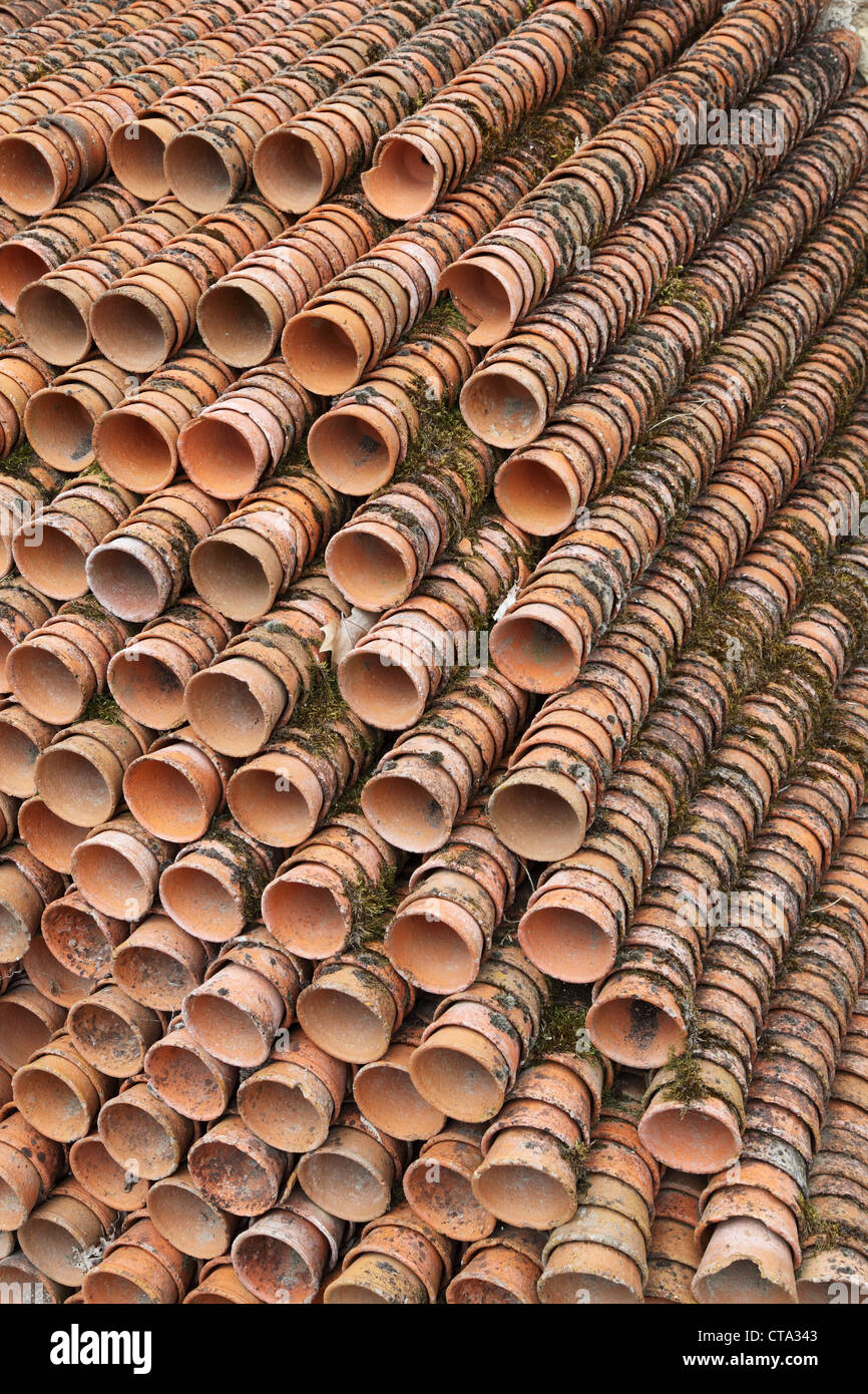 Stack of terracotta plant pots seen within the garden of Chenonceaux ...