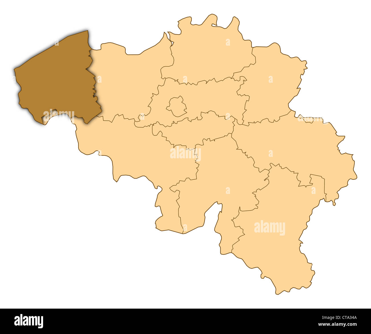 Map of Belgium where West Flanders is highlighted Stock Photo - Alamy