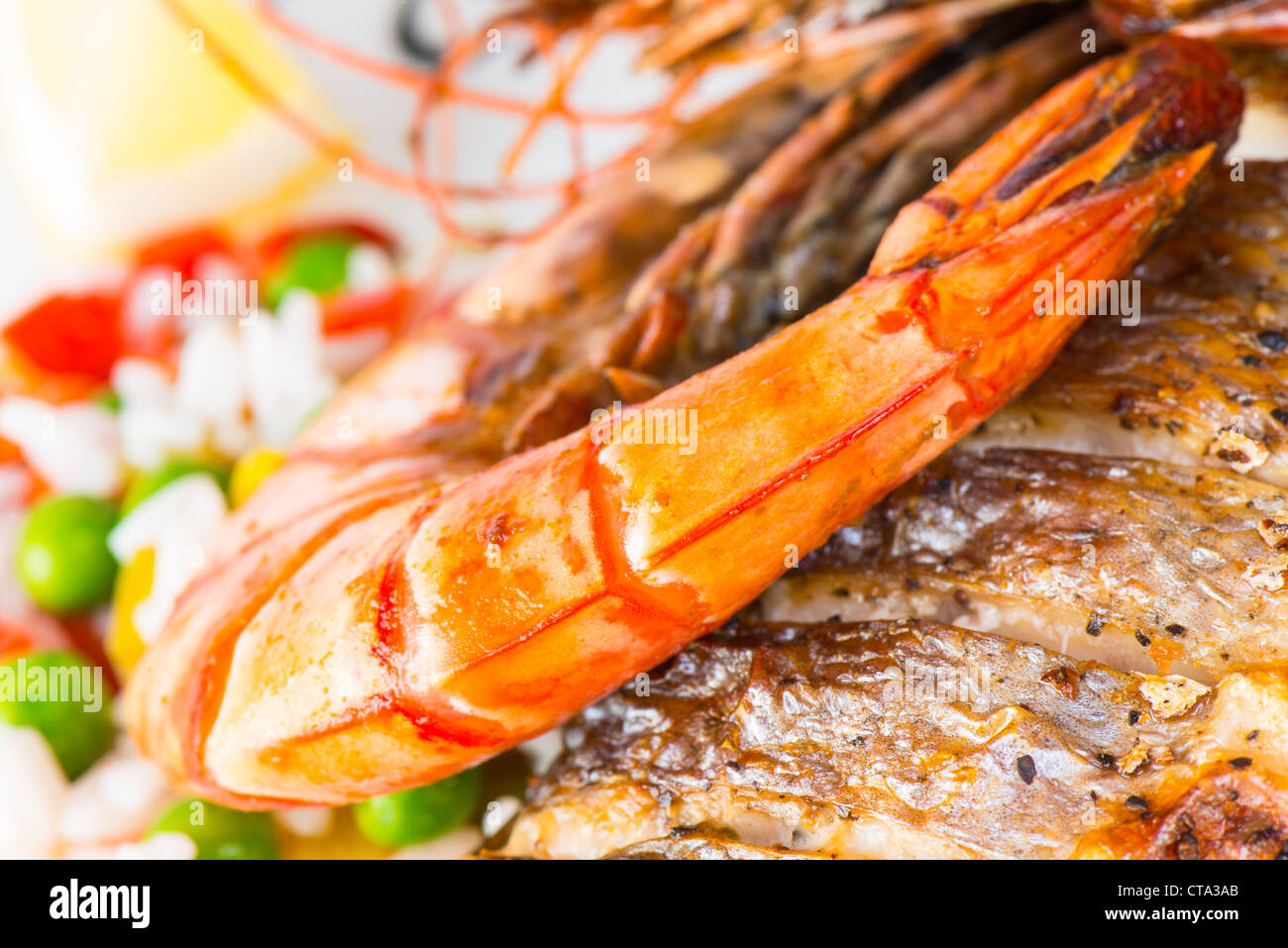 Giant prawns with sea bass fish Stock Photo - Alamy