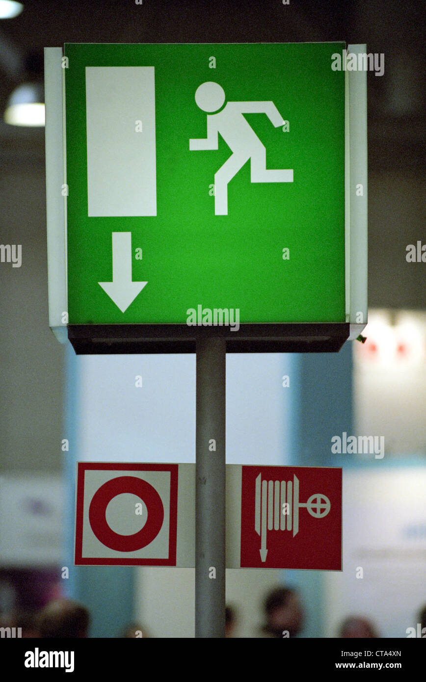 Hannover, CeBIT 2005, emergency exit sign Stock Photo - Alamy
