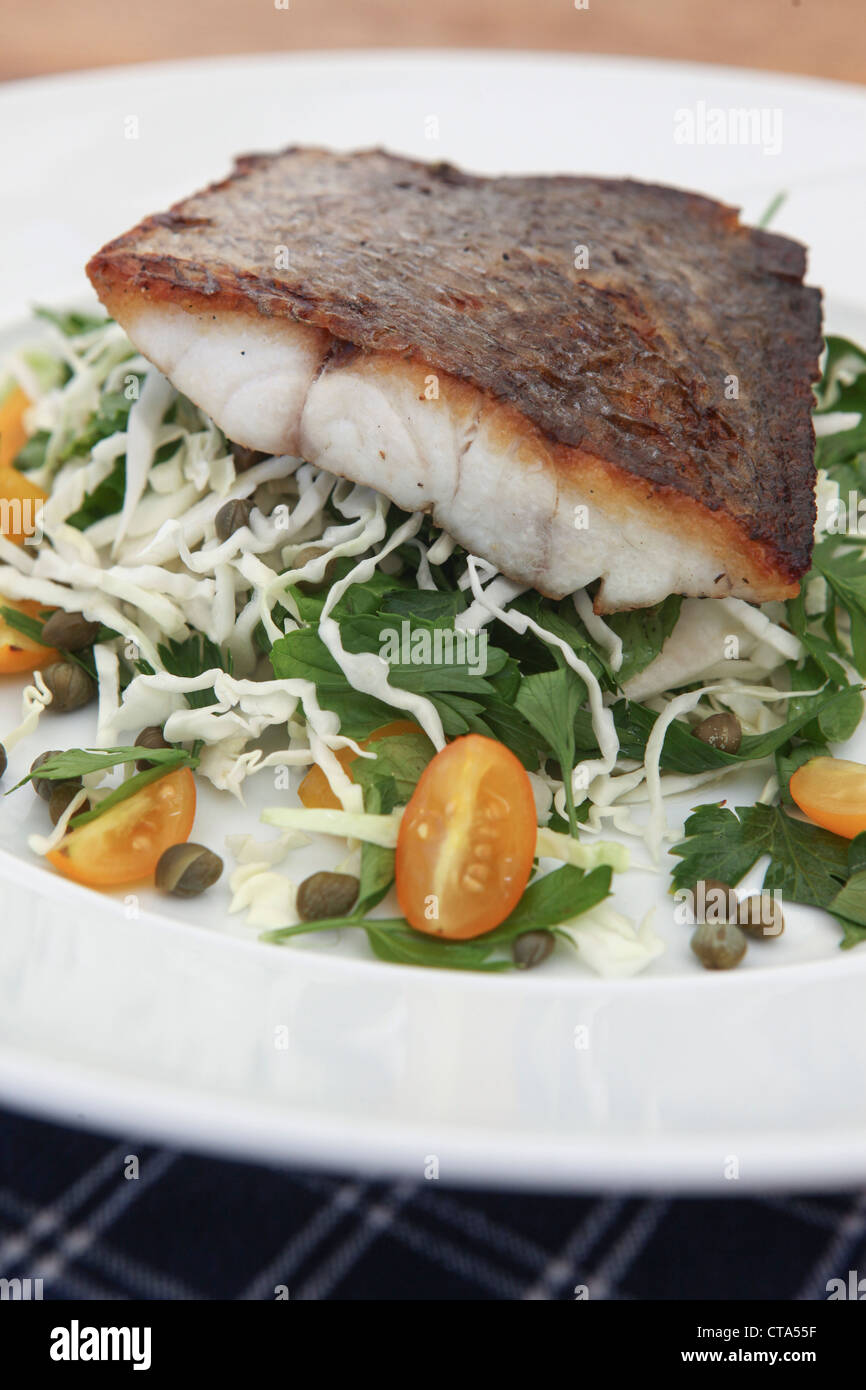Grilled fish fillet on salad Stock Photo - Alamy