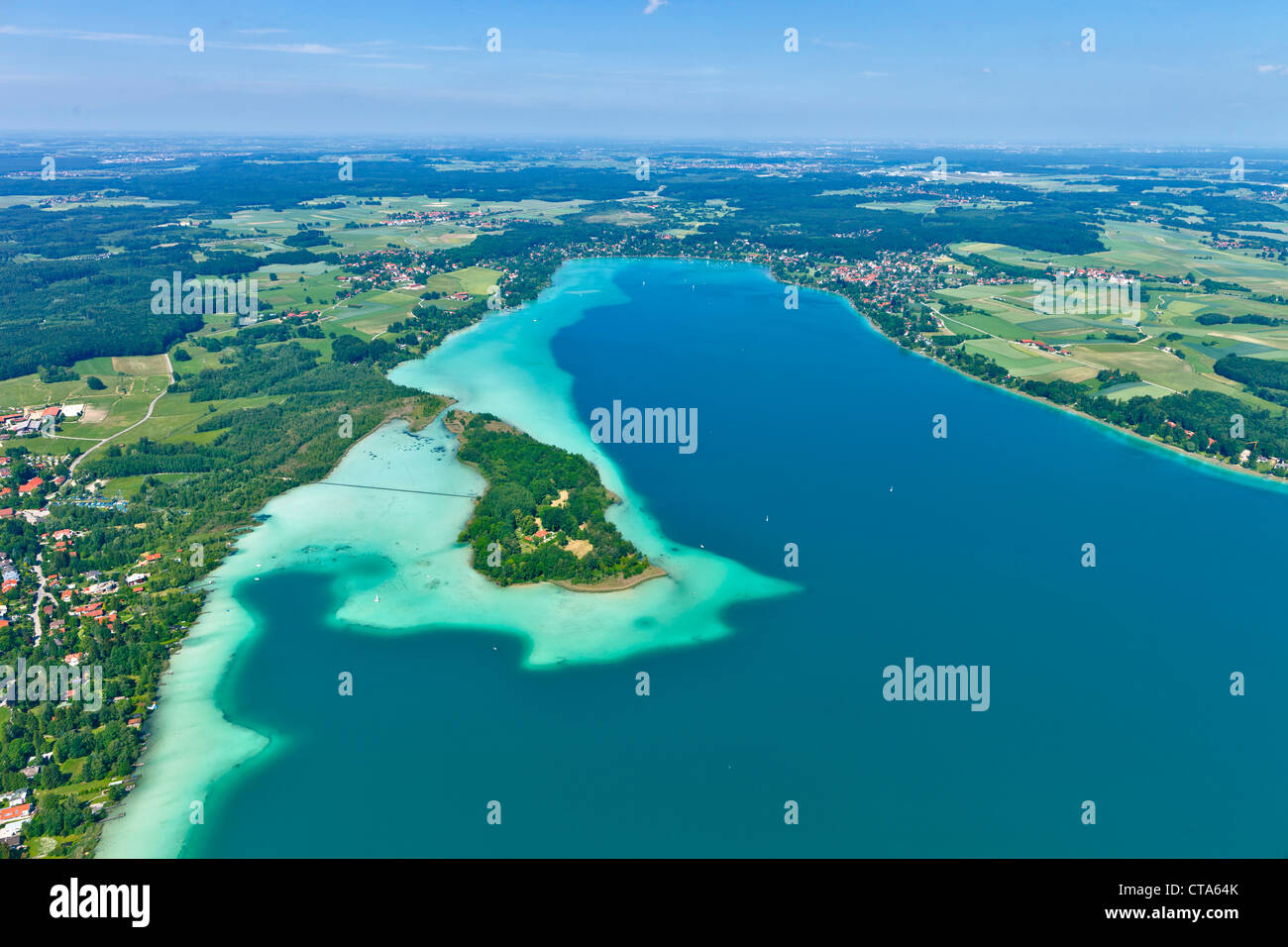 Aerial view of Maus Island, lake Woerthsee, Province of Starnberg, Upper Bavaria, Germany ...