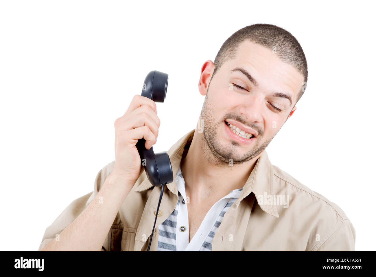 young man with a phone, isolated on white Stock Photo - Alamy