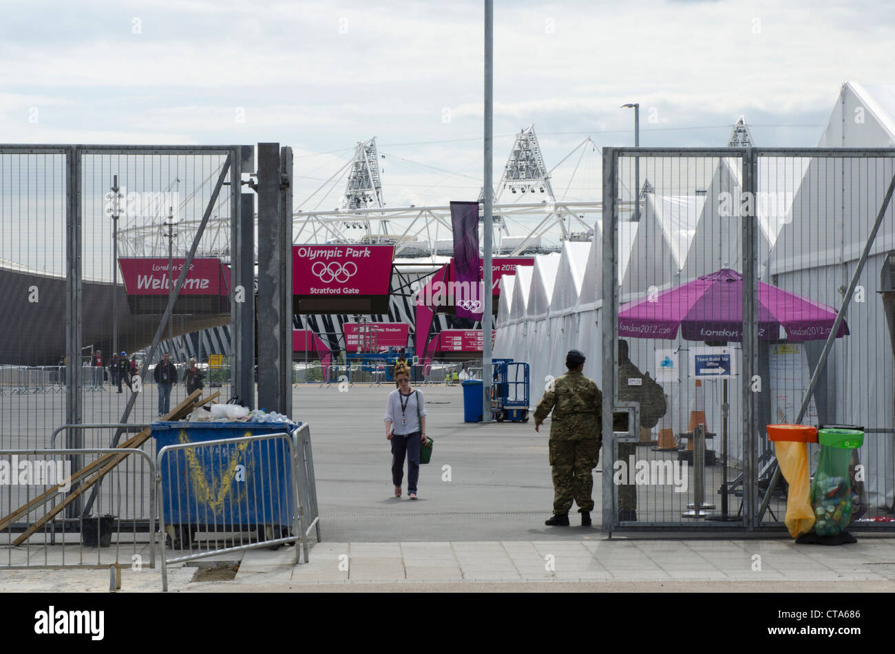 Olympic Park with soldiers as security 2012 with stadium behind London ...