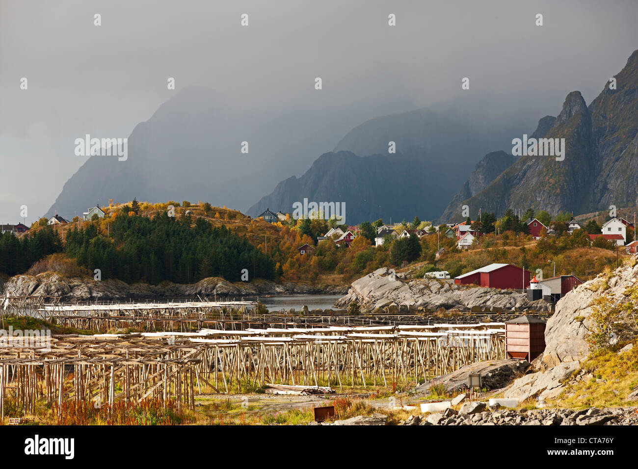 View of the coast at Sorvagen, landscape on the Lofoten islands ...
