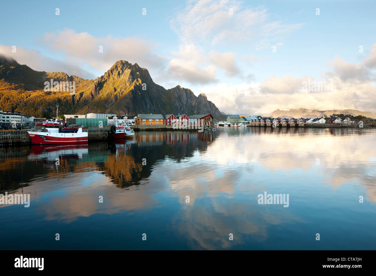 Svolvaer, coastal village and harbour, landscape of the Lofoten islands ...