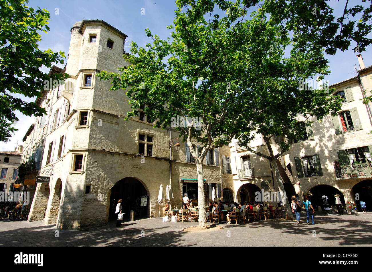Cafe on the town square, Place aux Herbes, Uzes, Provence, France Stock ...