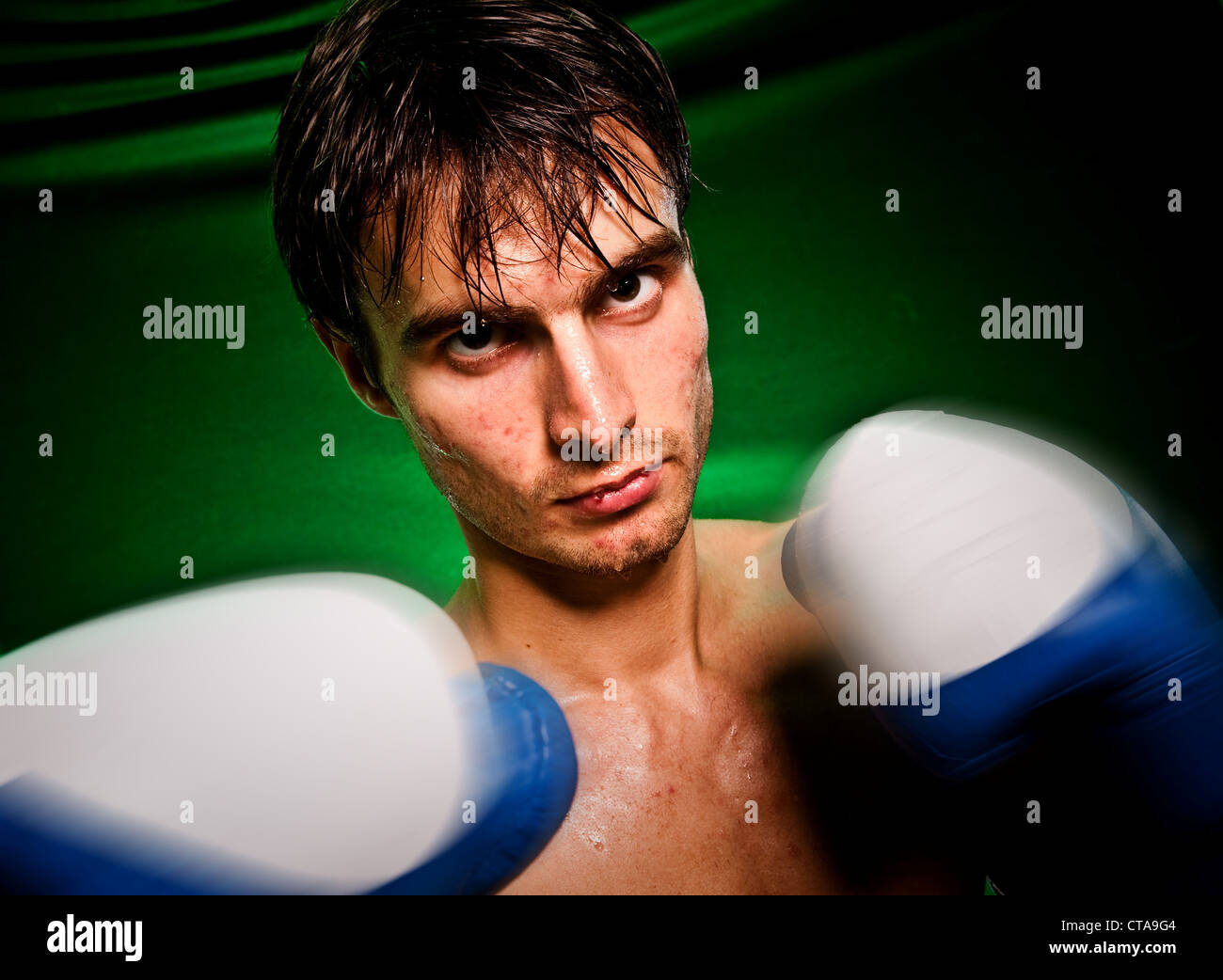 Man sweating all over in boxing gloves Stock Photo - Alamy