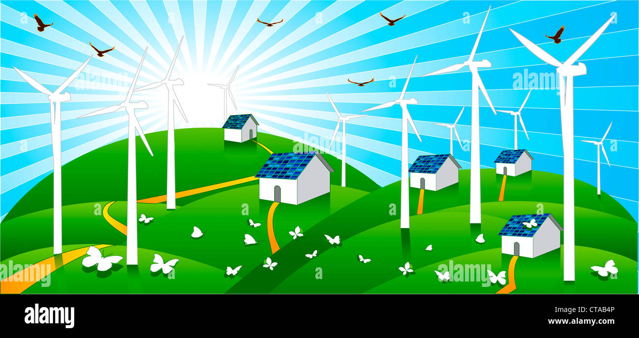 Wind power and solar cells power are energy clean and save Stock Photo ...