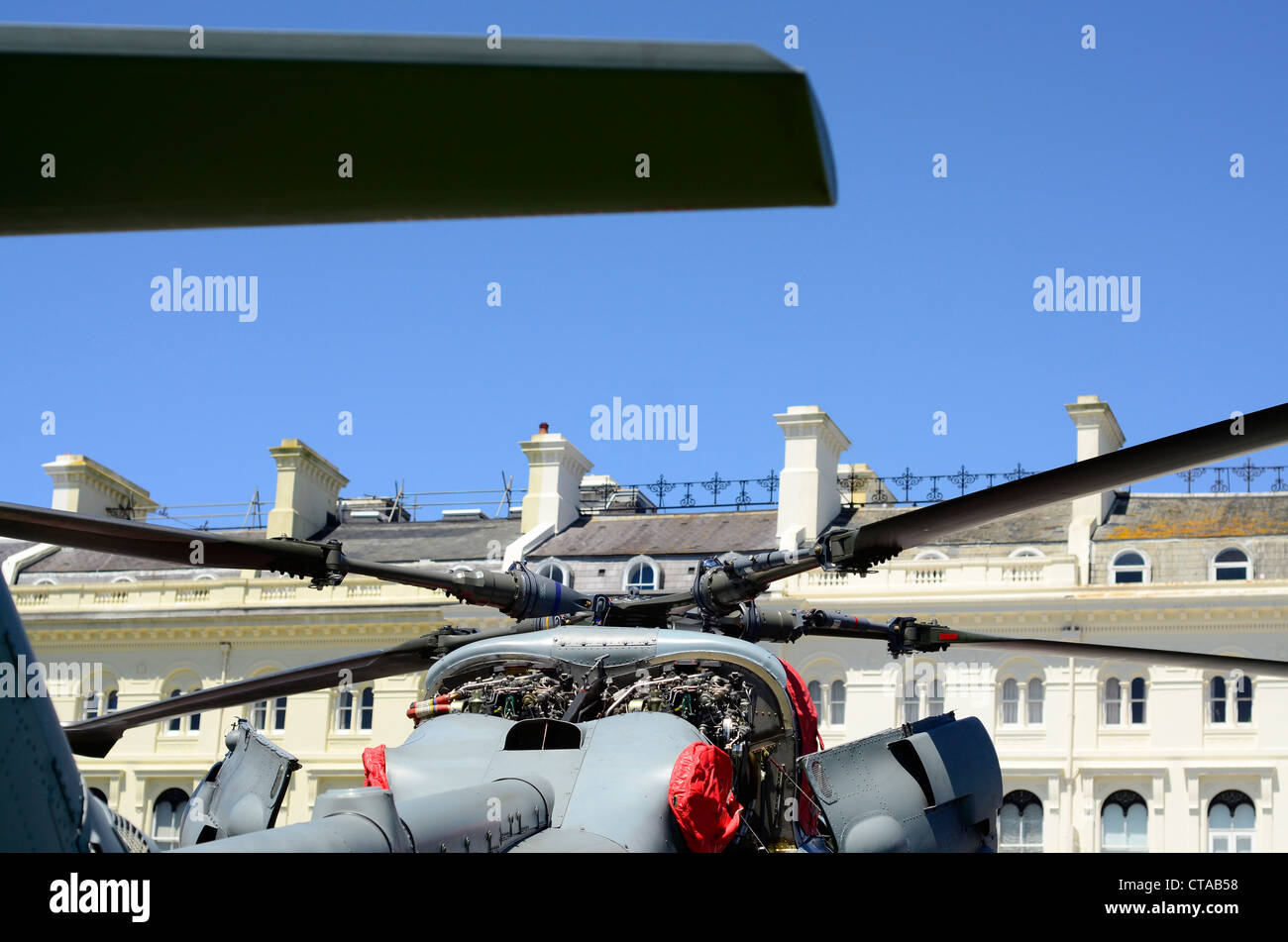 Helicopter rotor blades in front of hotels Plymouth UK Stock Photo - Alamy