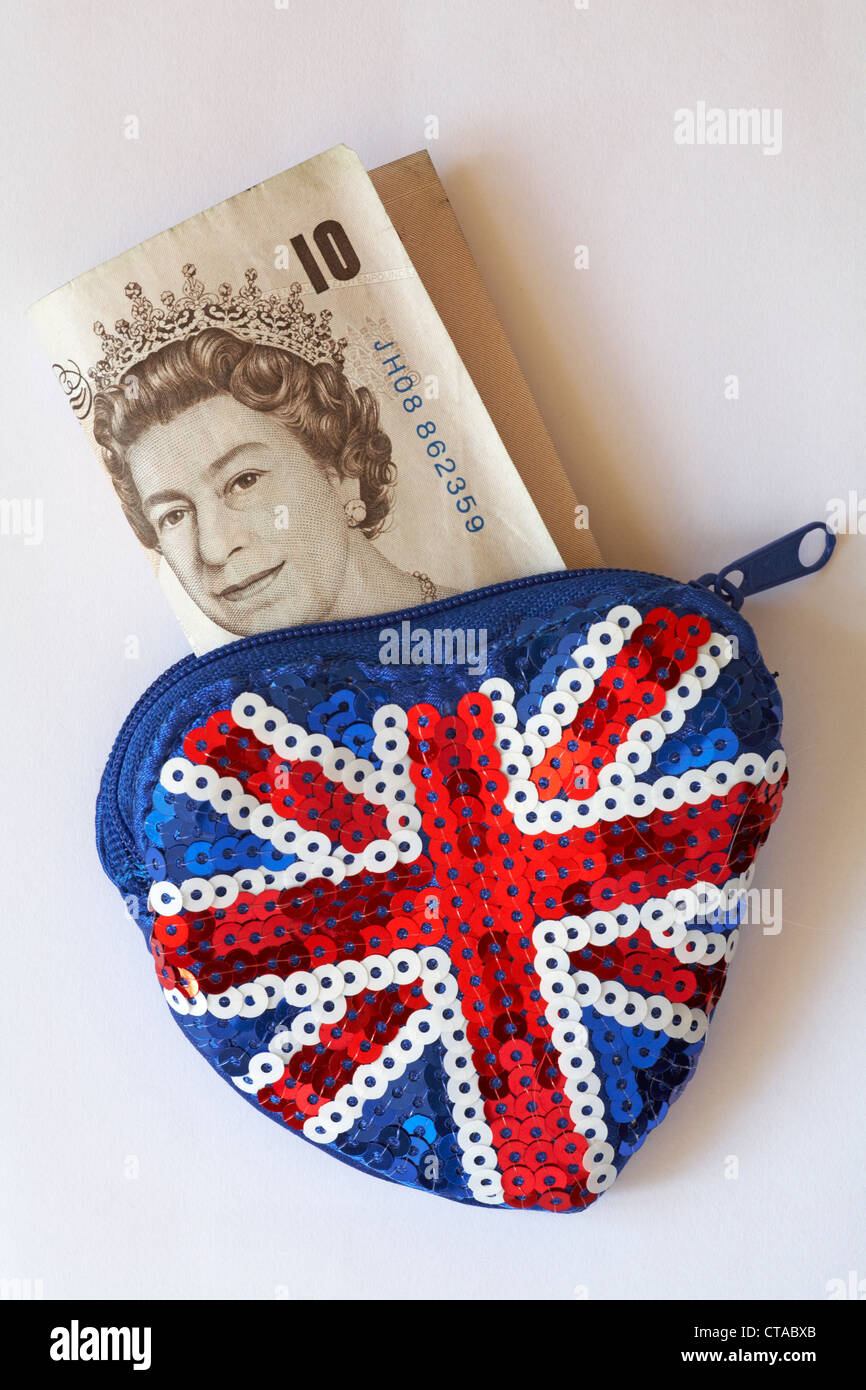 £10 note poking out of red, white and blue sequined Union Jack purse ...