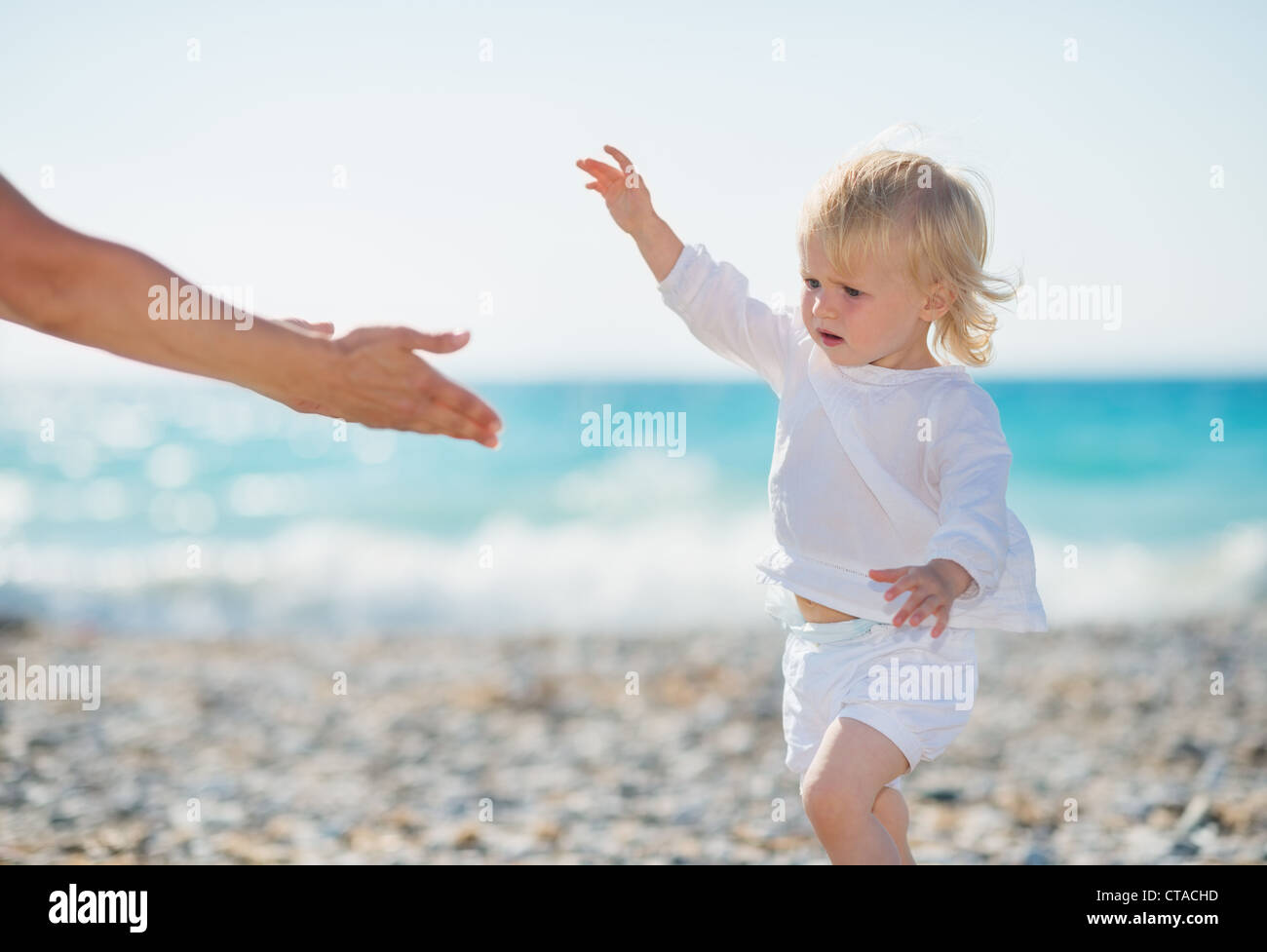 Baby walking to mothers outstretched hands Stock Photo - Alamy