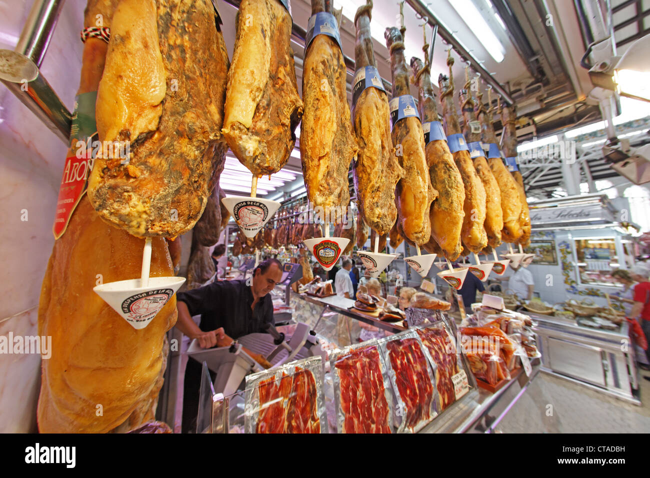Ham at central market hall Mercado Central, Valencia, Spain, Europe ...