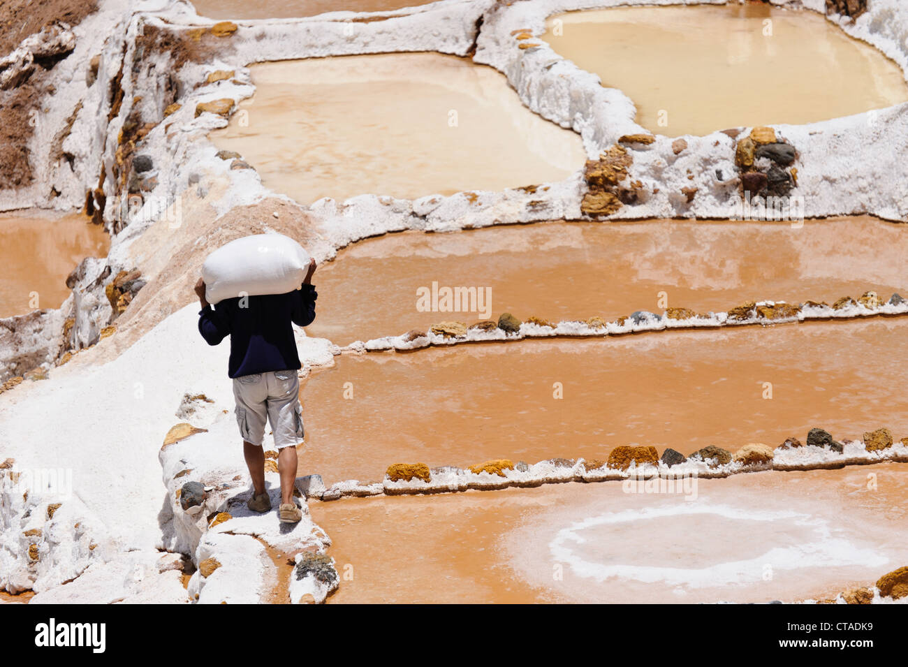 A man carrying a bag of salt past salt evaporation pans near Maras ...