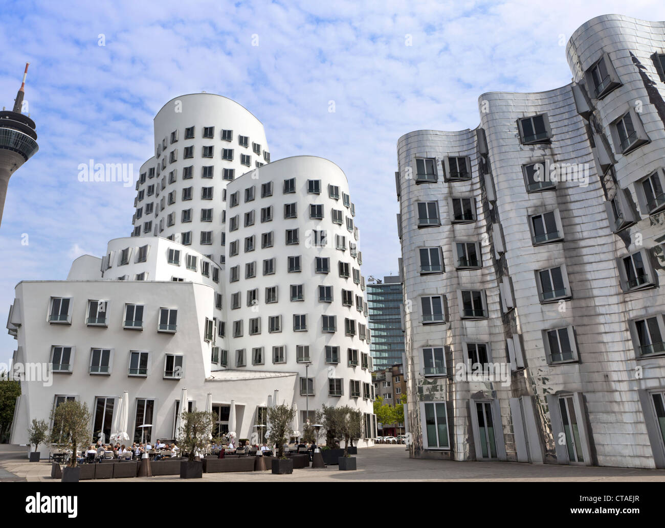 The Rheinturm and Frank Gehry's Neuer Zollhof, Medienhafen, Duesseldorf ...