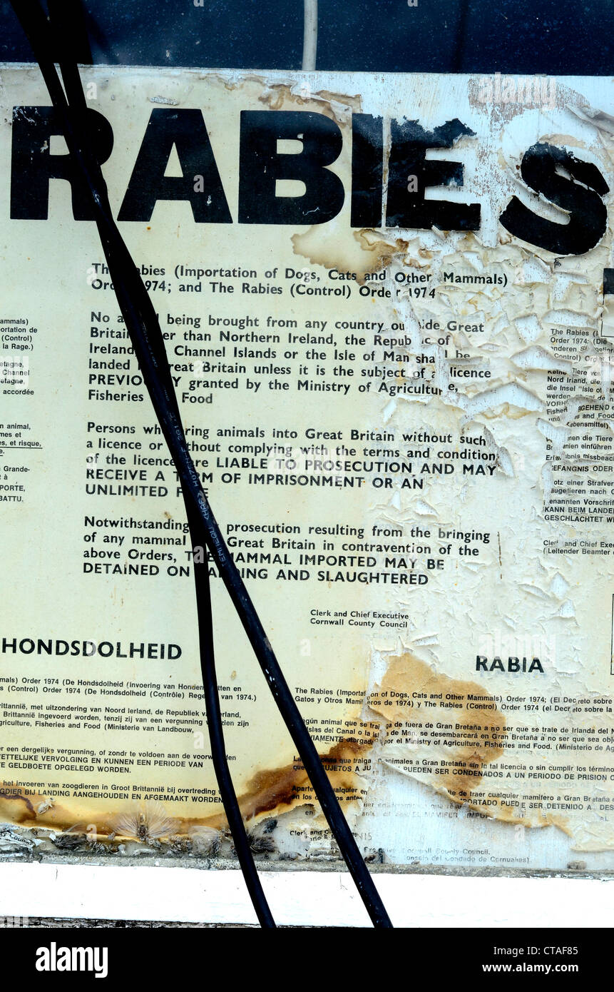 Old worn rabies warning poster Newlyn harbor Cornwall UK Stock Photo ...